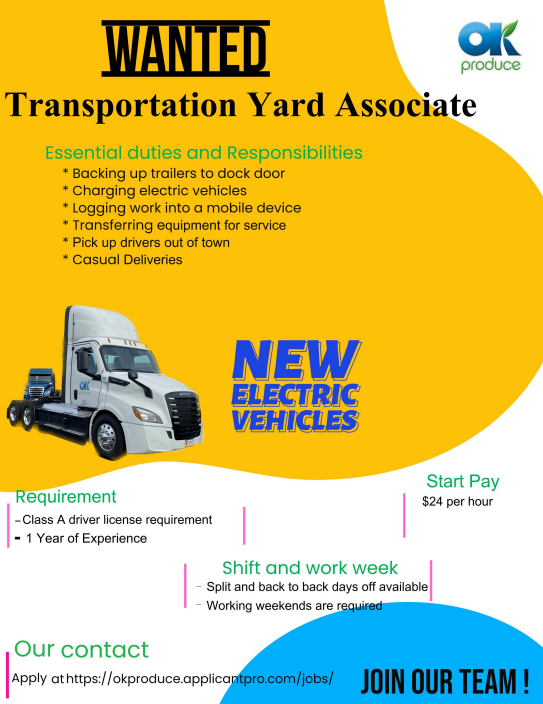 Transportation Yard Associate - Fresno, CA - OK Produce Jobs